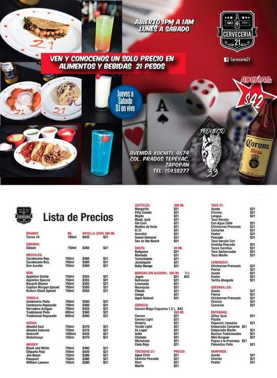 Menu at Cerveceria 21 pub & bar, Zapopan