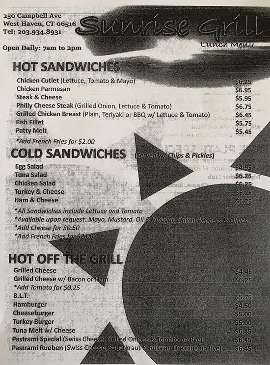 Carta del restaurante Sunrise Grill, West Haven
