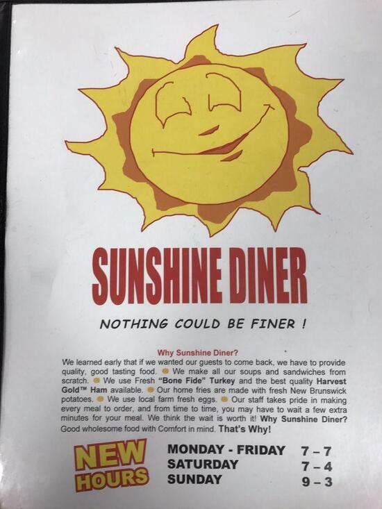 Menu at Sunshine Diner restaurant, Fredericton