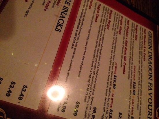 Menu at The Green Dragon Pub, Toronto