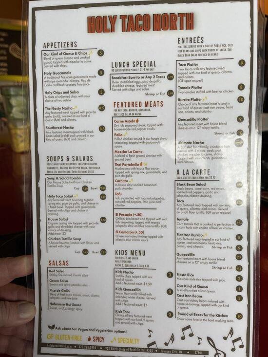 Menu at Holy Taco and Cantina North pub & bar, Johnson City