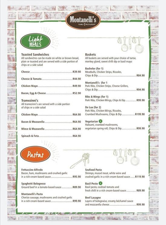 Menu at Montanelli's Family Restaurant, Pretoria