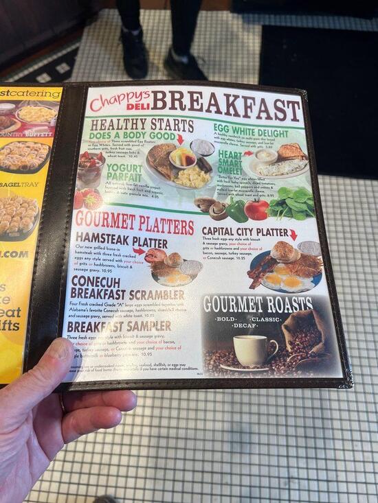 Menu at Chappy's Deli restaurant, Montgomery, Vaughn Rd
