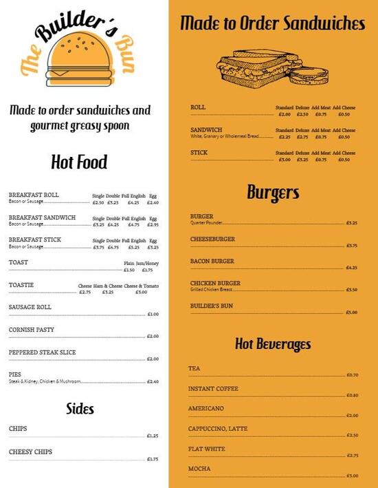 Menu at The Builder's Bun restaurant, Orpington