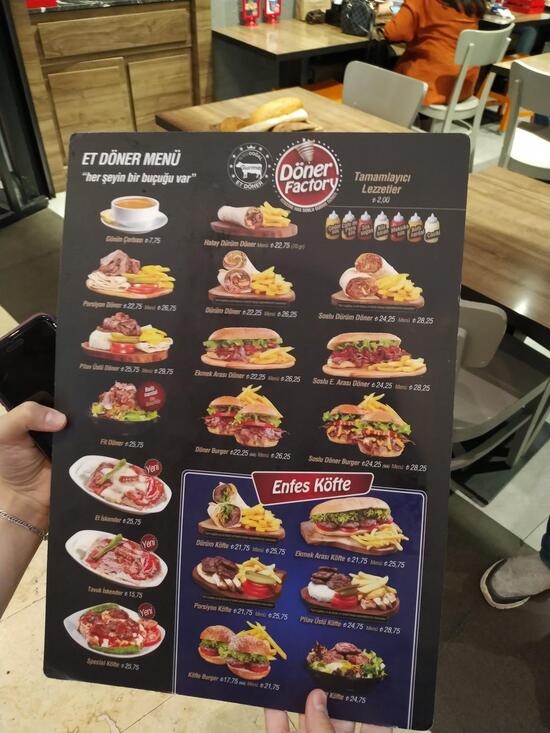 Menu at Doner factory gordion avm, Ankara