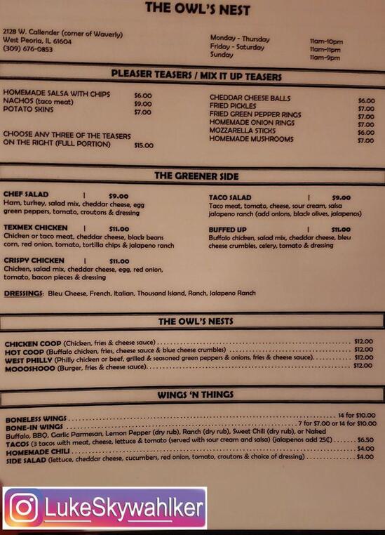 Menu at Owls Nest pub & bar, West Peoria