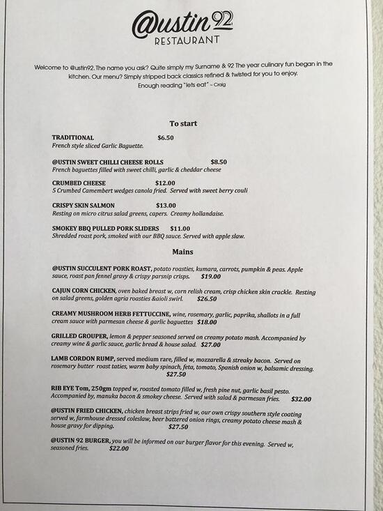 Menu at Austin 92 Resturant restaurant, Temuka