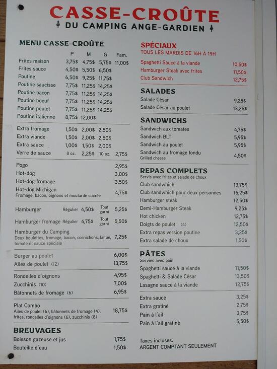 Menu au Casse-Croute Camping restaurant, L'Ange-Gardien