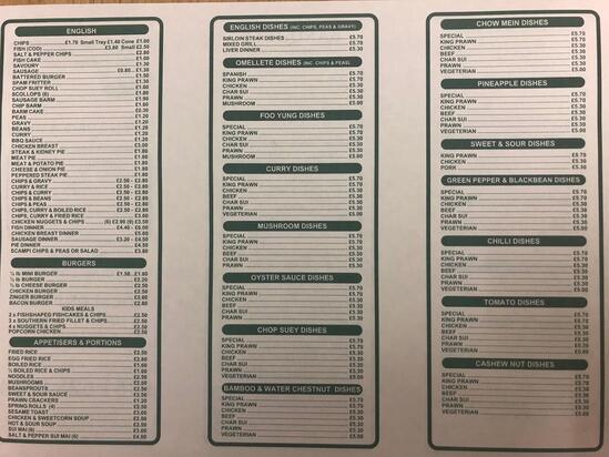Menu at Bungalow Fish Bar, Bootle, 39 The Marian Square