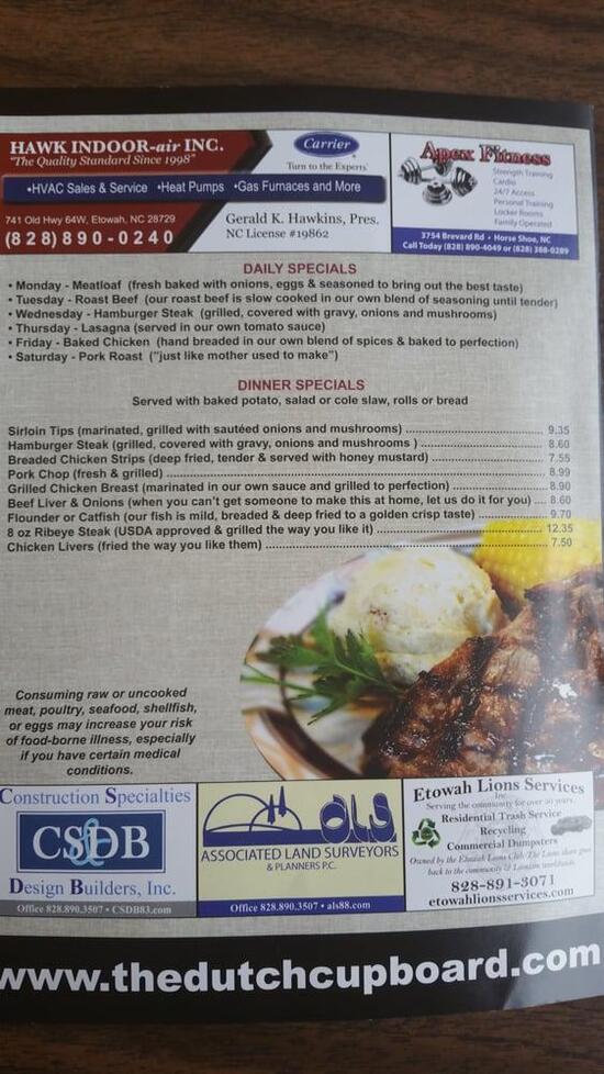 Menu at Dutch Cupboard restaurant, Etowah, Brevard Rd