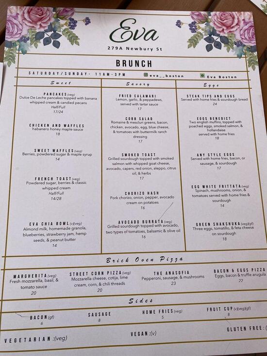 Menu at Eva restaurant, Boston