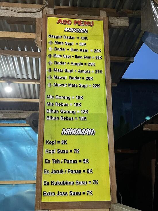Menu at Warung ACC restaurant, Manokwari