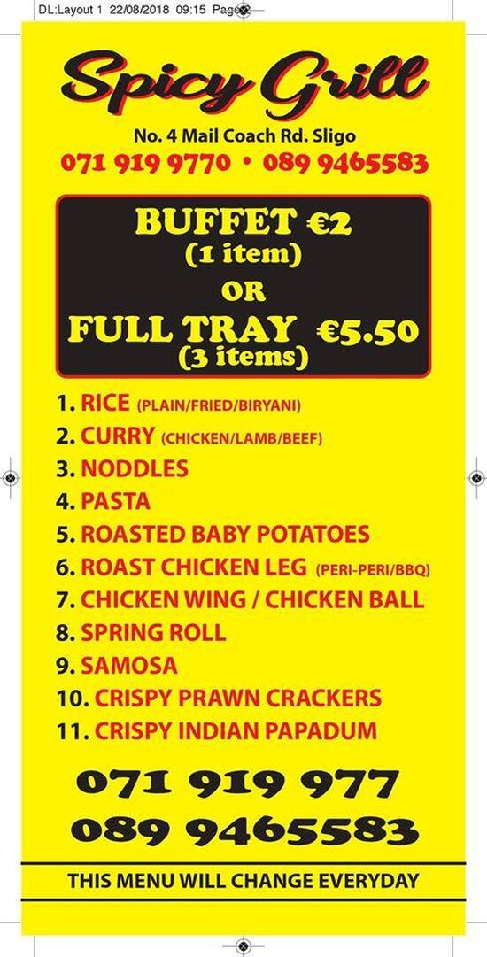 Menu at Spicy Grill Sligo restaurant, Sligo