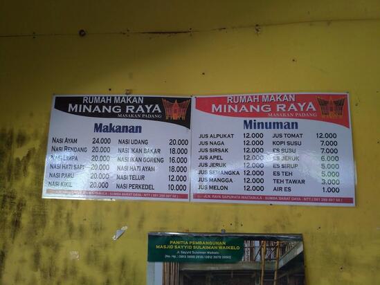 Menu at Rumah Makan Minang Raya restaurant, Indonesia, H67M+347