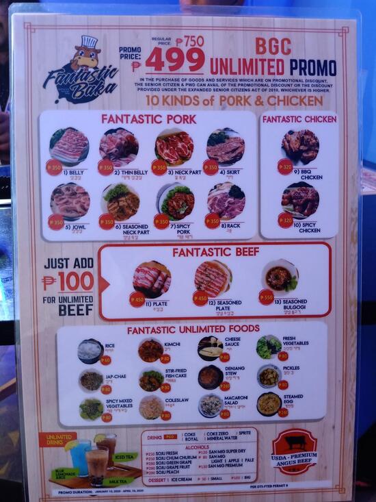 Carta del restaurante Fantastic Baka, Taguig