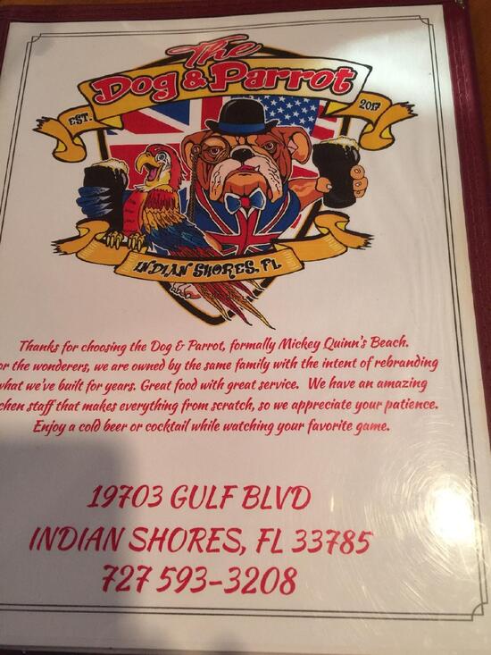 Menu at The Dog & Parrot Beach Pub, Indian Shores