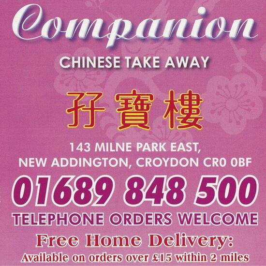 Menu at Companion Chinese Takeaway fast food, Croydon, 143 Milne Park E