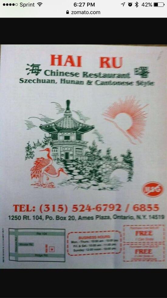 Menu at Hai Ru Chinese restaurant, Ontario