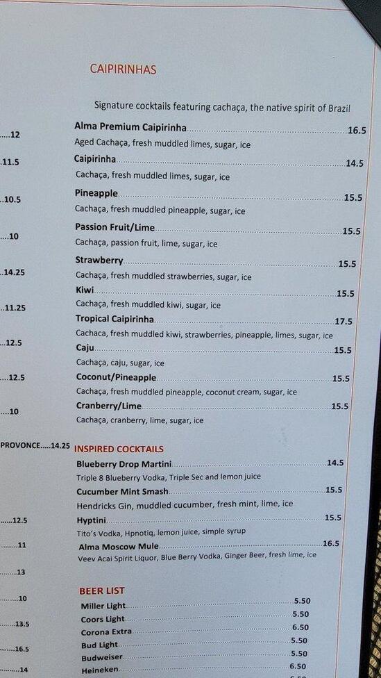 Menu at Alma Gaucha steakhouse, Boston
