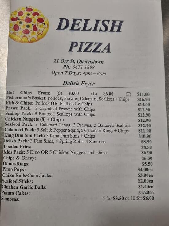 Menu at Delish Pizzeria, Queenstown