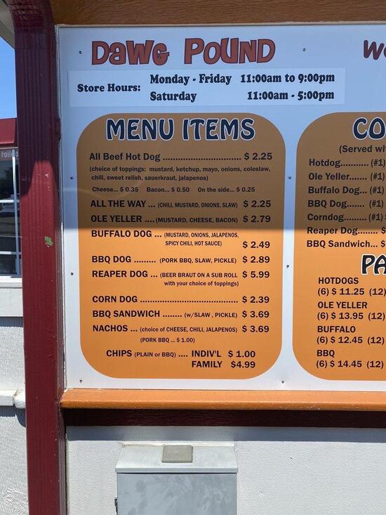 Menu at Dawg Pound hotdog BBQ, Hickory