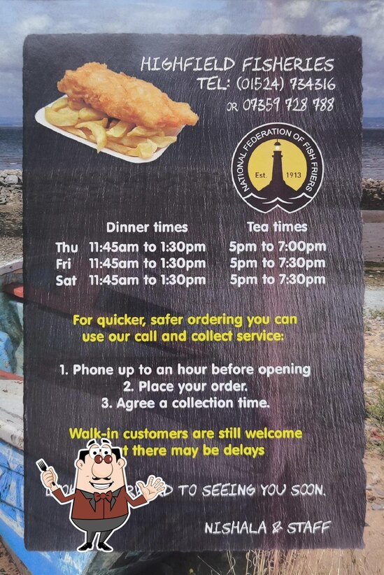 Menu at Highfield Fisheries restaurant, Carnforth