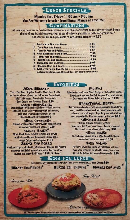 Menu at Los Agaves restaurant, Centralia