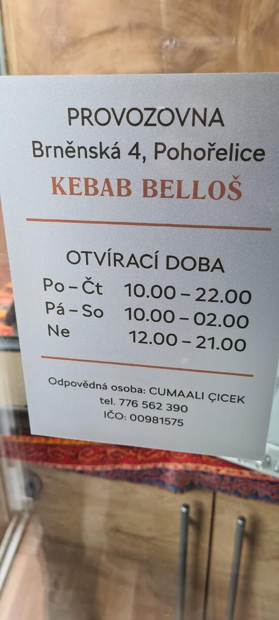 Menu at KEBAB BELLOŠ restaurant, Pohořelice