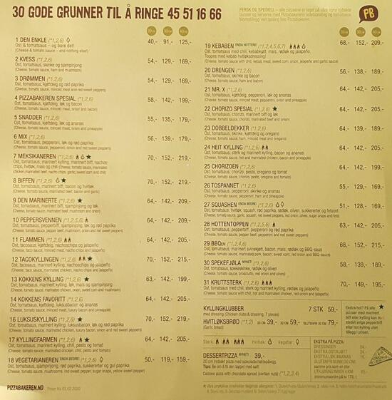Menu at Pizzabakeren Froland pizzeria, Osedalen