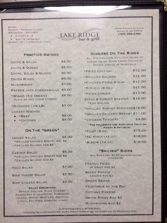 Menu at Lake Ridge Bar & Grill, USA