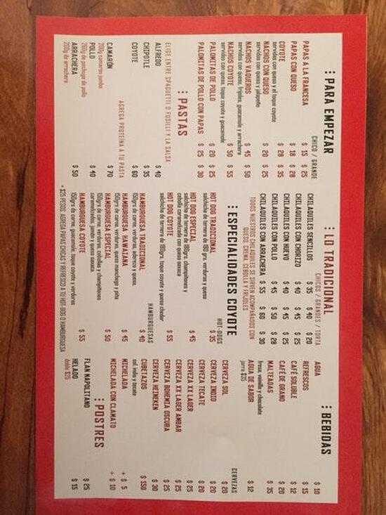 Menu at Coyote Grill & Beer restaurant, Mexico City
