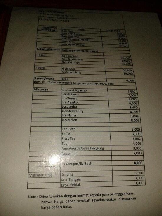 Menu at RM. Sari Nikmat restaurant, Banjar