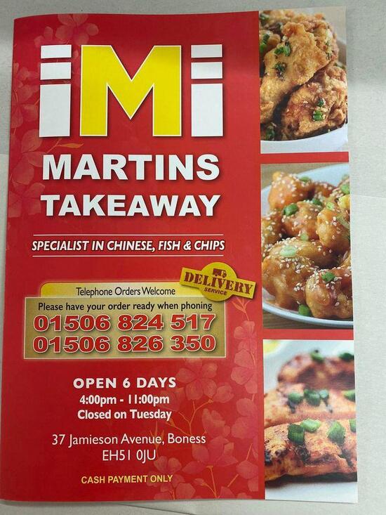 Menu at Martins Takeaway fast food, Bo'ness