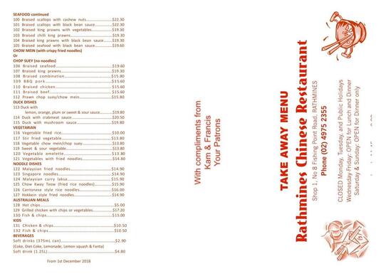 Rathmines Chinese Restaurant Rathmines NSW, Rathmines - Restaurant menu ...