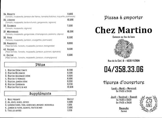 Menu au Pizzeria Chez Martino, Fléron