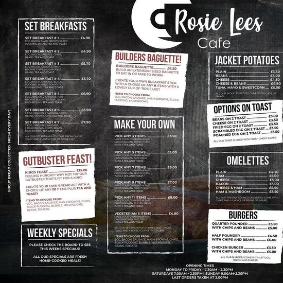 Menu at Rosie Lee's restaurant, Rochester