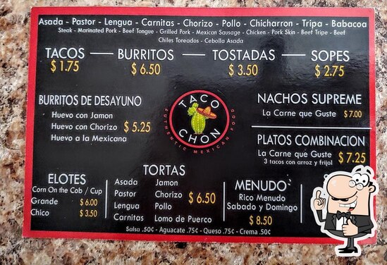 Carta del restaurante Taco Chon, Haltom City