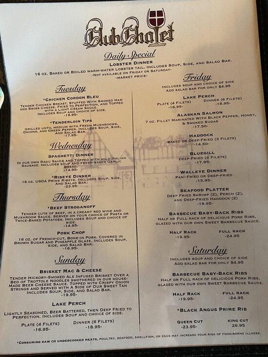 Menu at Club Chalet Supper Club, Green Bay, Nicolet Dr