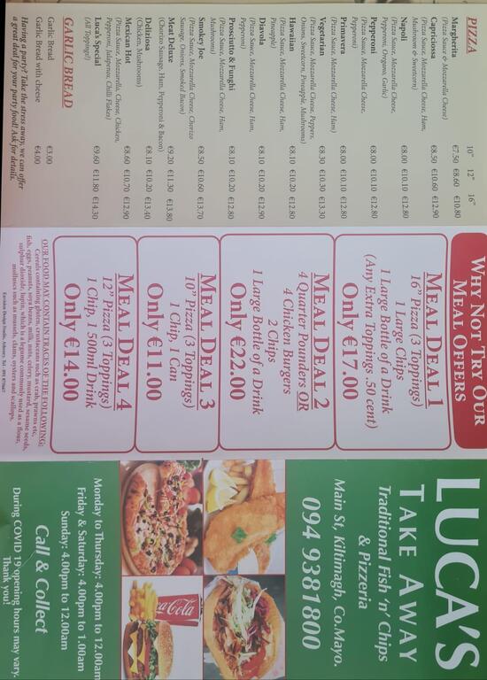 Menu at Luca's Take Away restaurant, Kiltimagh, Main St
