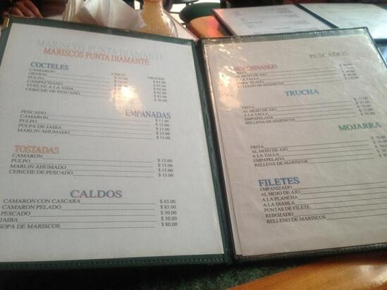 Menu at Mariscos Punta Diamante restaurant, Toluca