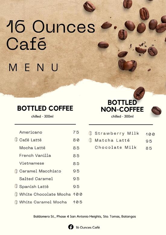 Menu at 16 Ounces Café, Santo Tomas