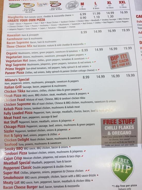 Menu at Milano Pizza pizzeria, Reading