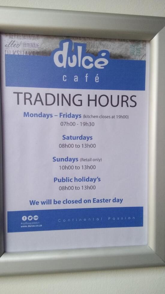 Menu at Dulce Cafe at Life Peglerae Hospital, Rustenburg