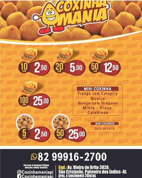 Menu at Coxinha Mania cafeteria, Palmeira dos Índios, Rua 15 de novembro