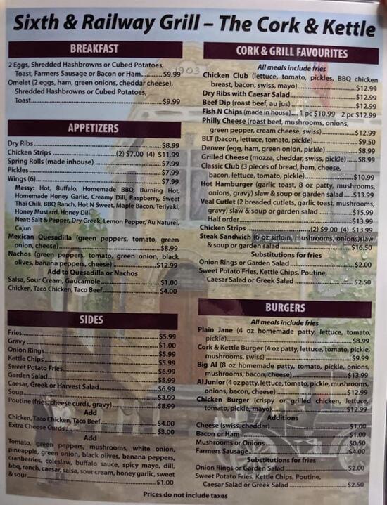 Menu at Sixth & Railway Grill restaurant, Rosthern