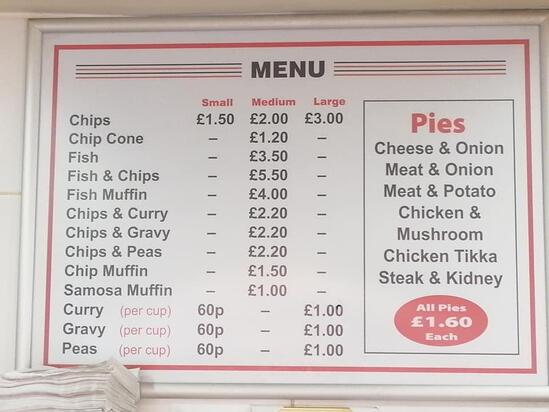 Menu at International Chippy restaurant, Rochdale