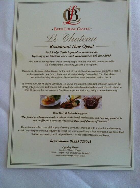 Menu at Bath Lodge Castle, London