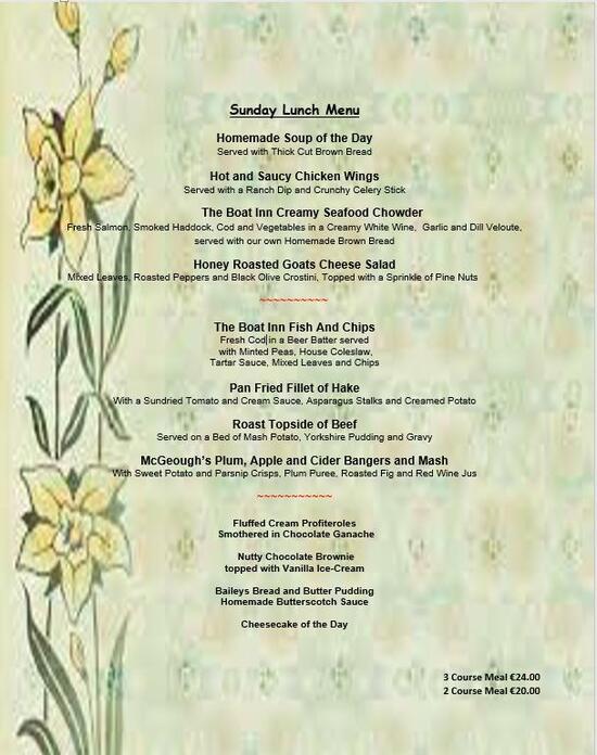 Menu at Boat Inn restaurant, Oughterard