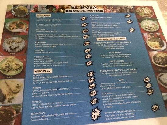 Menu at "El Paisa" Antojitos Huastecos restaurant, Ciudad del Carmen