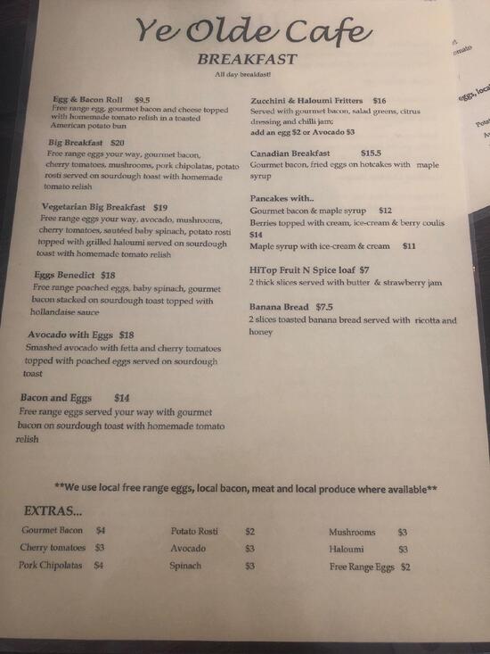 Menu at Ye Olde Cafe Minlaton, Minlaton